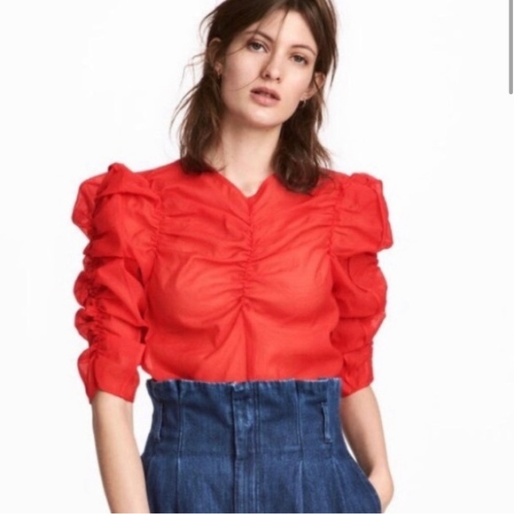 H&M | Tops | Hm Sheer Ruffle Sleeve Sheer Blouse In Poppy Red | Poshmark